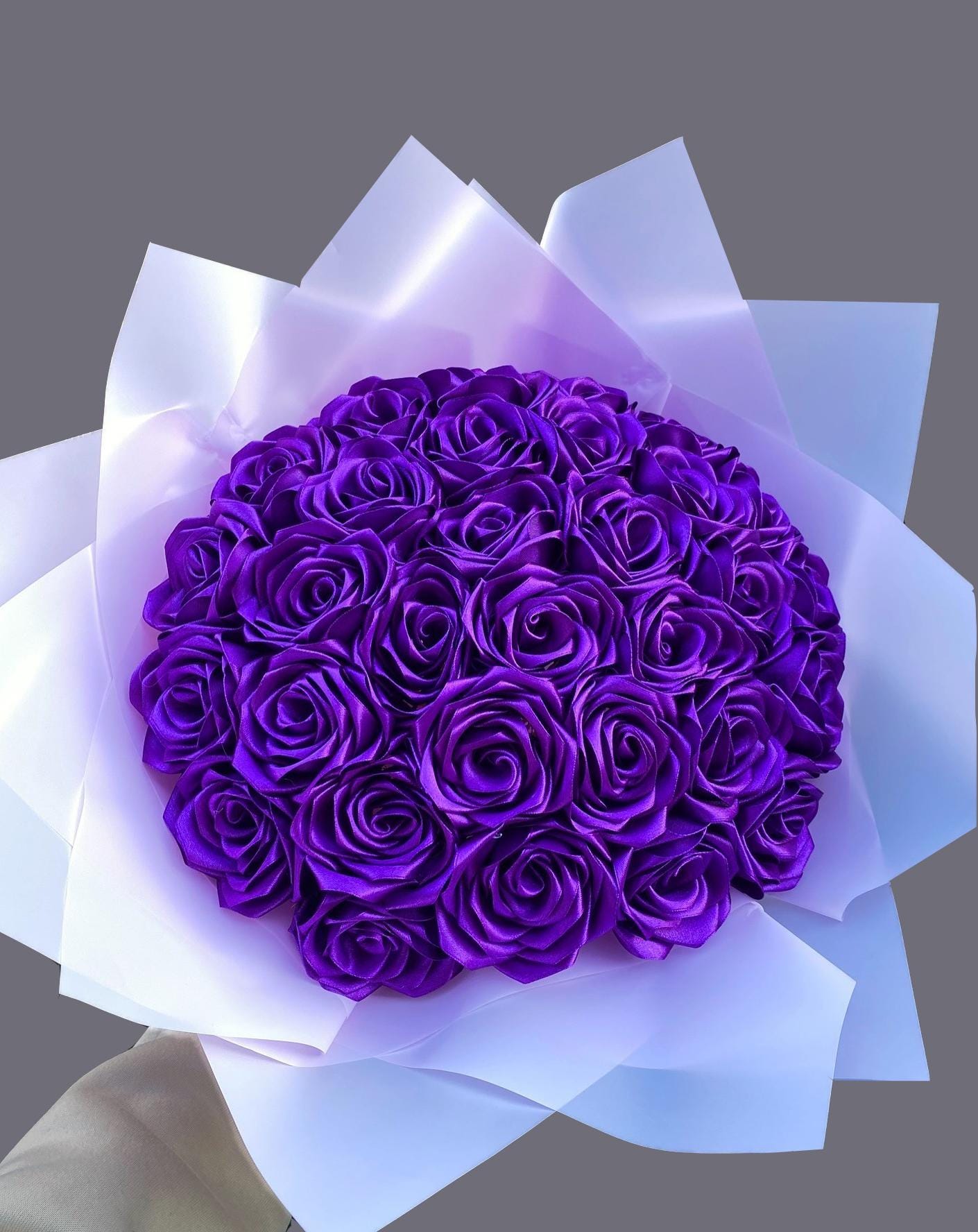 Purple Bouquet Eternal Roses in White Wrapper, Handmade Artificial ...