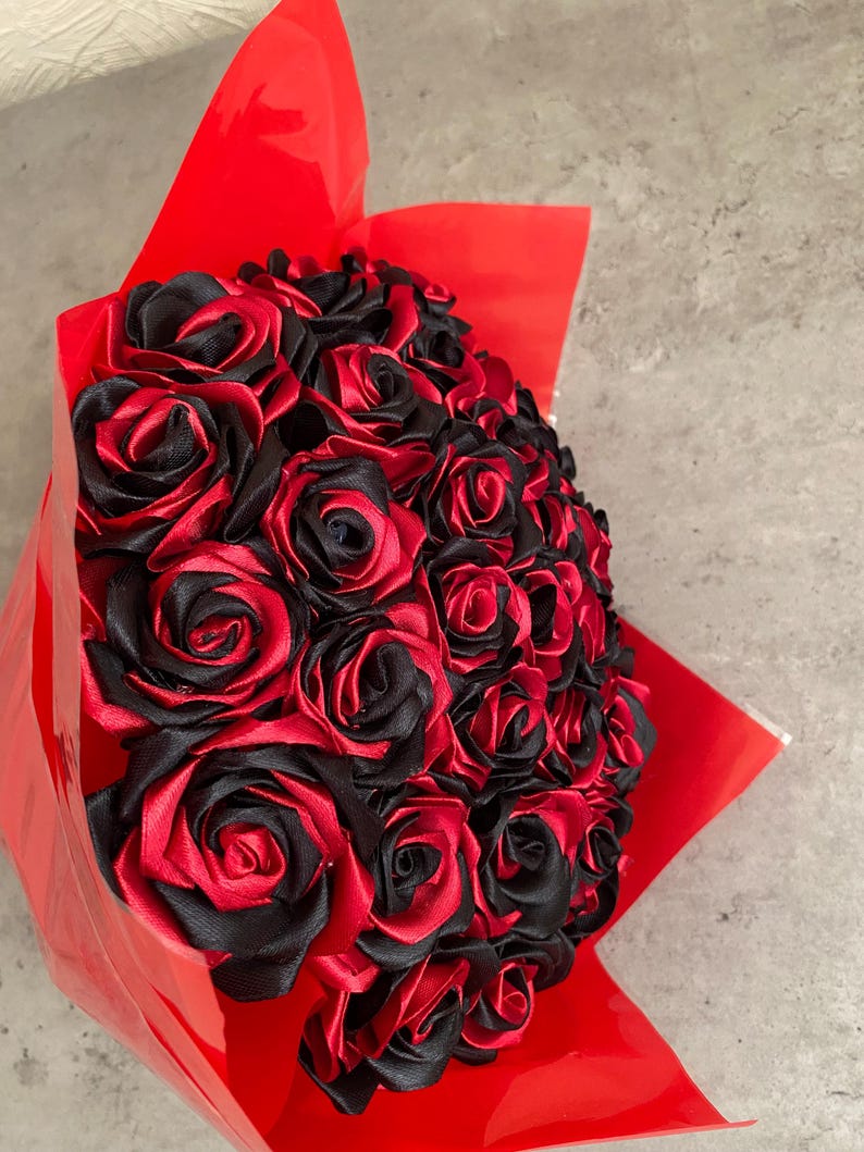 Black and Red Bouquet, Eternal Satin Rose Bouquet, Handmade Fake ...