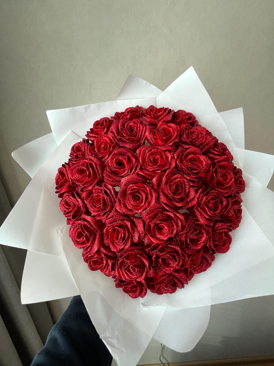 Custom Order, Red Bouquet Satin Roses, Personalized Text or Topper, Glitter Bud Ramo Buchon ...