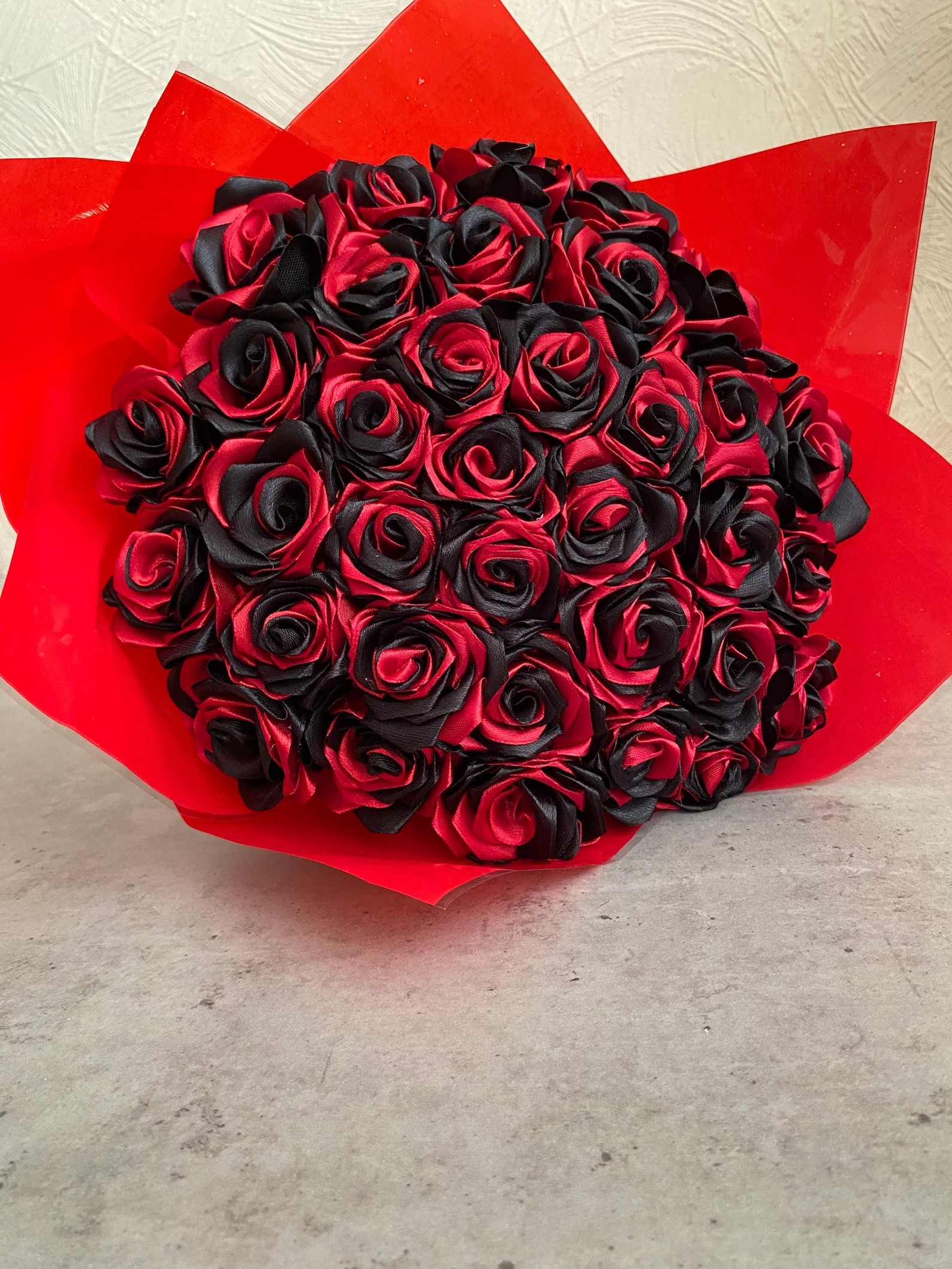 Black and Red Bouquet, Eternal Satin Rose Bouquet, Handmade Fake ...