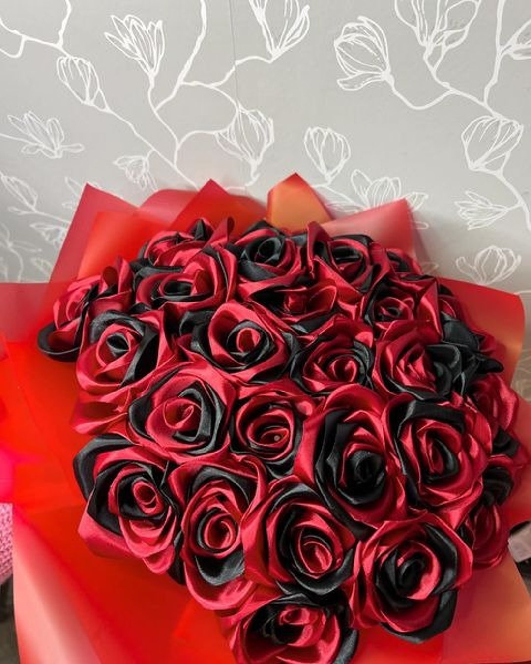 Black and Red Bouquet, Eternal Satin Rose Bouquet, Handmade Fake ...