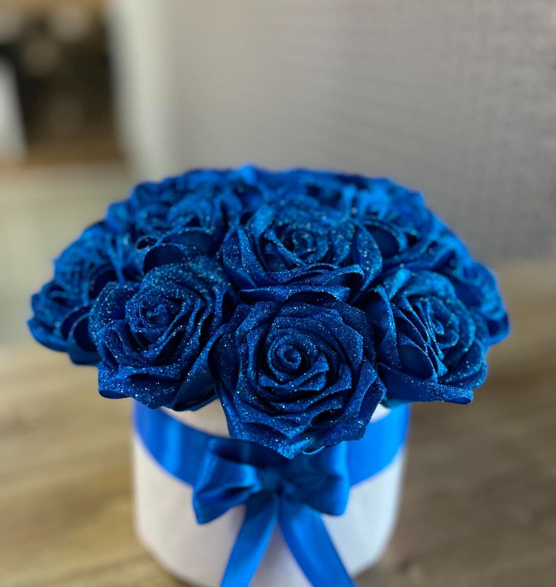 Blue Artificial Roses With Glitter in Box, Satin Flowers Wedding Gift ...