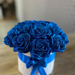 Blue Artificial Roses With Glitter in Box, Satin Flowers Wedding Gift ...