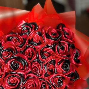Black and Red Bouquet, Eternal Satin Rose Bouquet, Handmade Fake ...