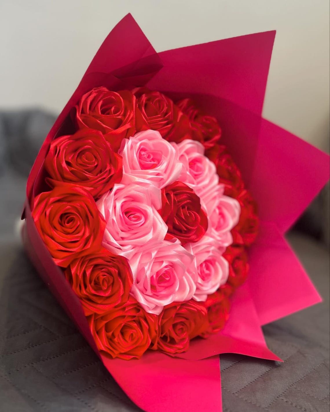 Red-pink Satin Ribbon Bouquet in Cherry-colored Wrap, Perfect Gift for ...