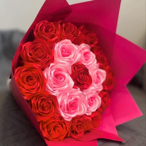 Red-pink Satin Ribbon Bouquet in Cherry-colored Wrap, Perfect Gift for ...