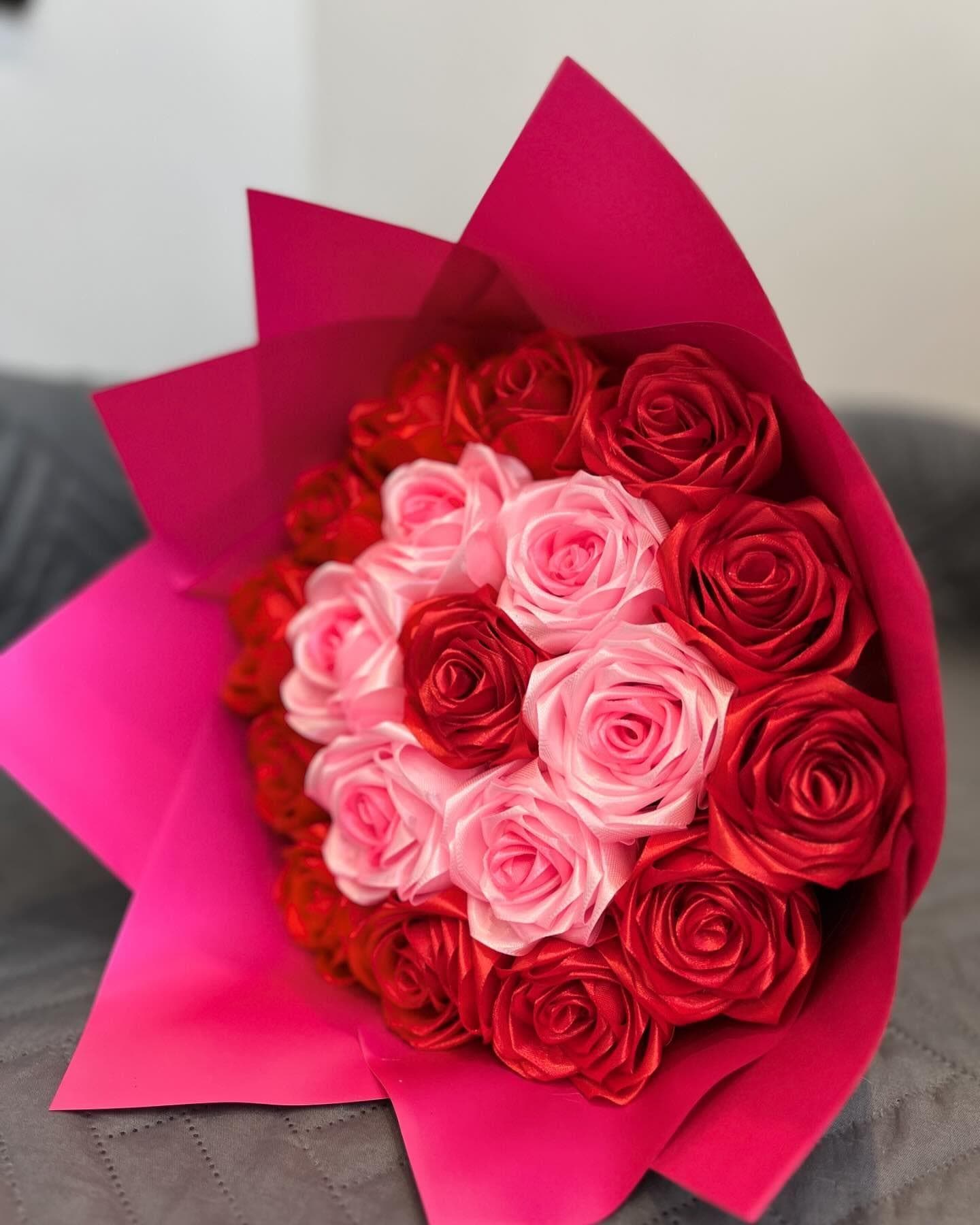 Red-pink Satin Ribbon Bouquet in Cherry-colored Wrap, Perfect Gift for ...