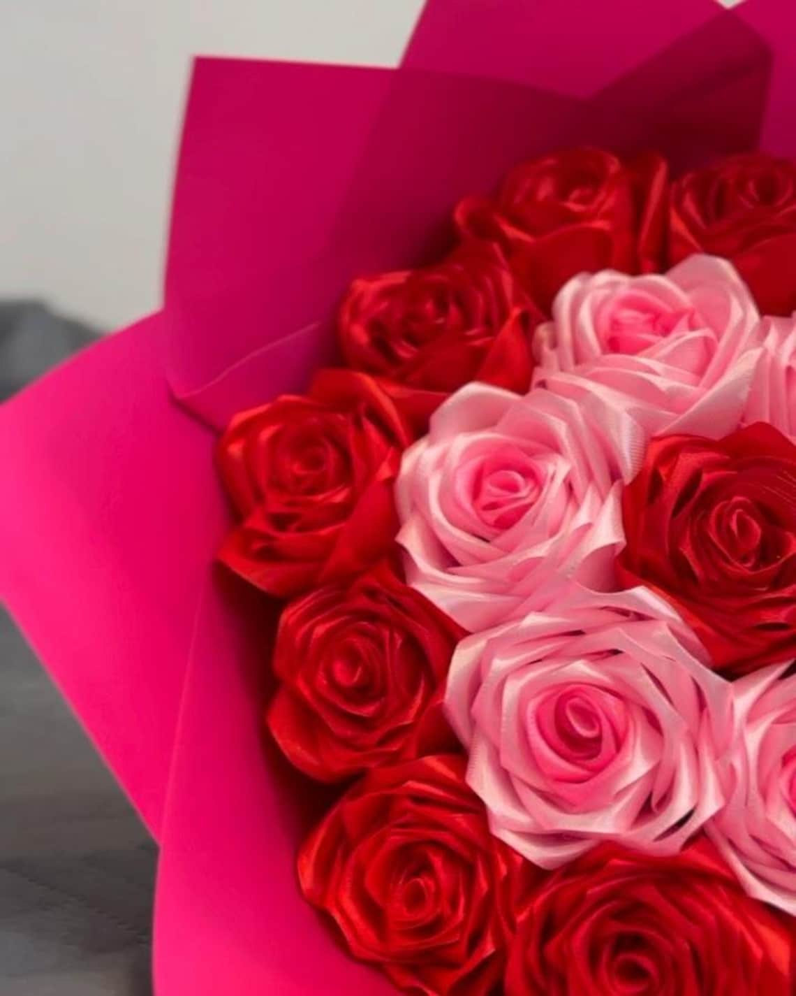 Red-pink Satin Ribbon Bouquet in Cherry-colored Wrap, Perfect Gift for ...