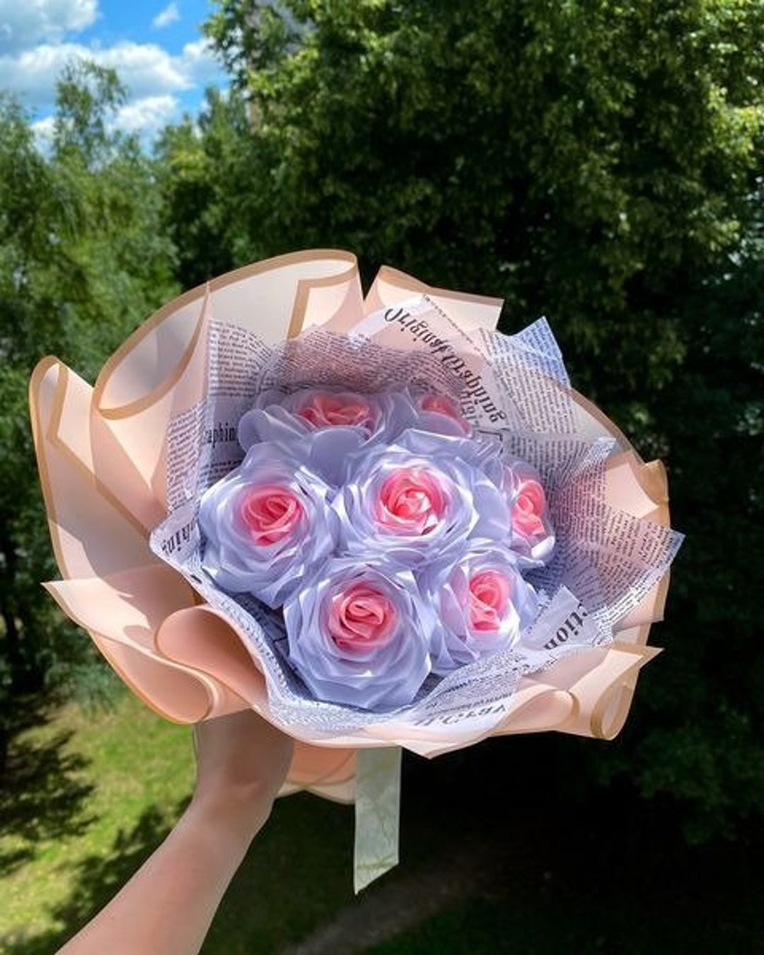 Satin Wedding Bouquet, Custom Eternal Rose Bouquet, Satin Ribbon ...
