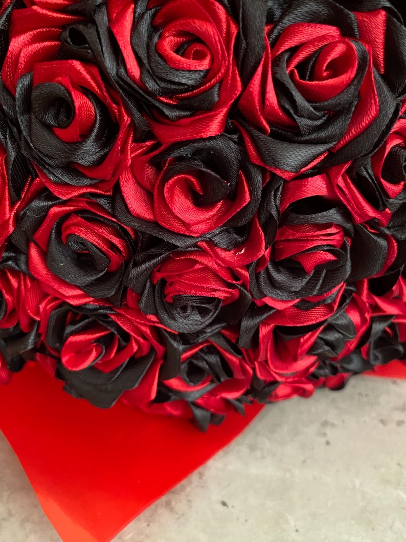 Black and Red Bouquet, Eternal Satin Rose Bouquet, Handmade Fake ...