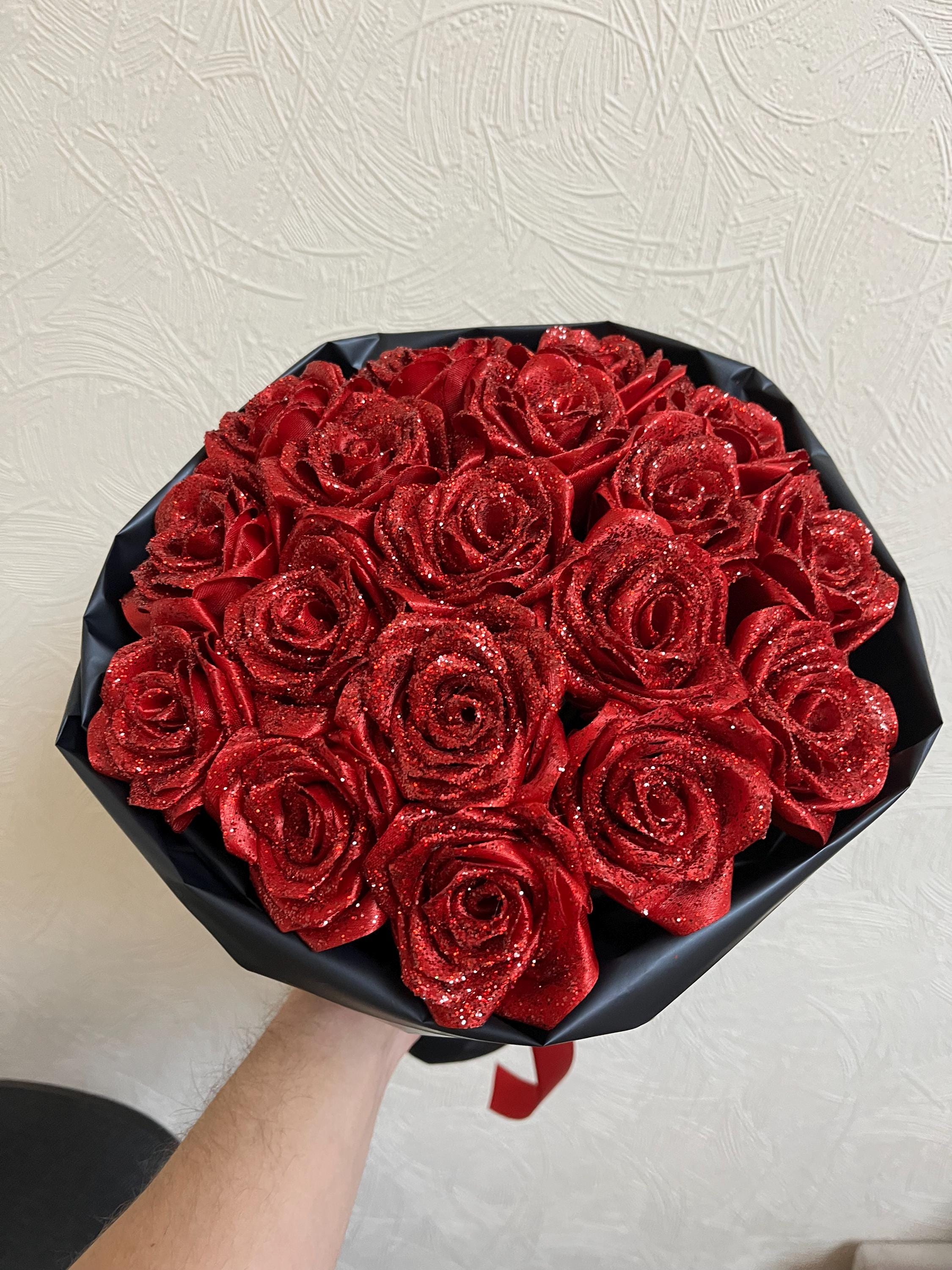 Ramo Buchon, Red Glitter Bud With Custom Wrapper, Eternal Rose Bouquet, Durable Flower, Large ...