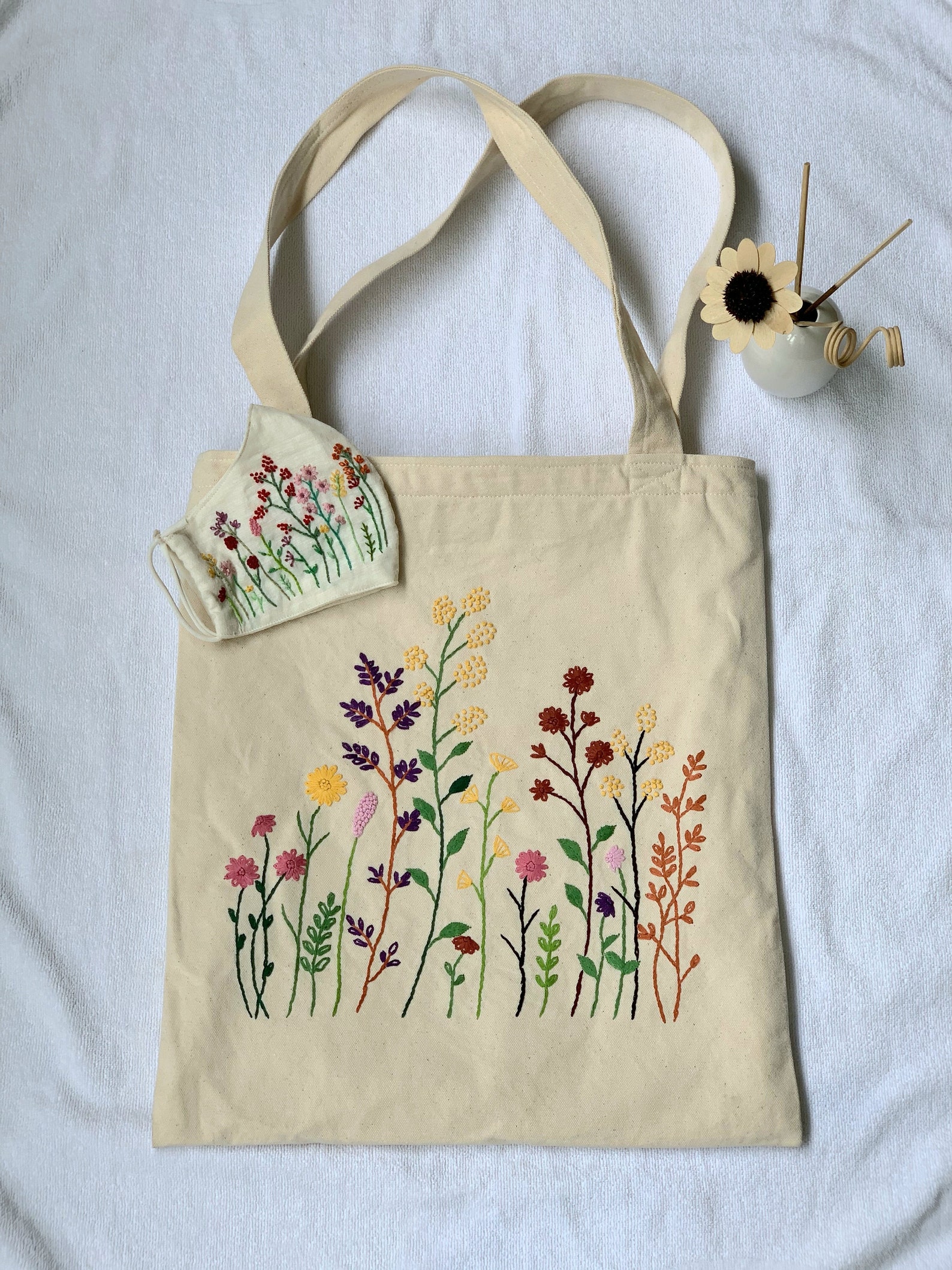 Embroidered Canvas Tote Bag, Floral Women Shopper Bag, Floral Canvas ...