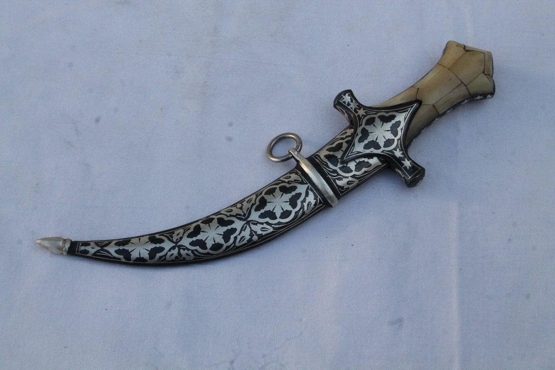 Fine Vintage Maughal Silver Inlaid Wedding Dagger Khanjar Jambiya Knife ...