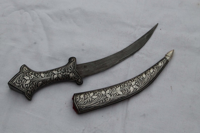 Vintage Mughal Silver Inlay Wedding Dagger Khanjar Jambiya Knife Iron ...