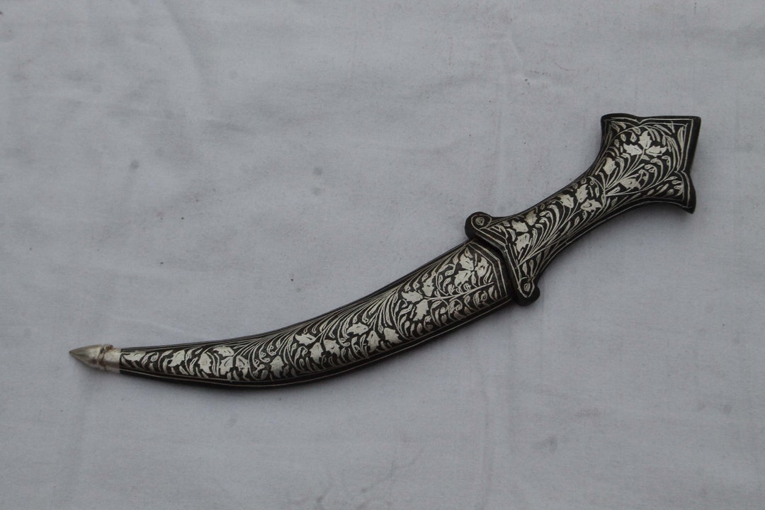 Vintage Mughal Silver Inlay Wedding Dagger Khanjar Jambiya Knife Iron ...
