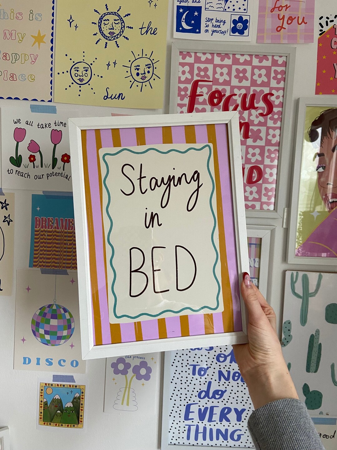 Staying in Bed | Quote Wall Art | Cute Print | Hand Lettered | Funky ...