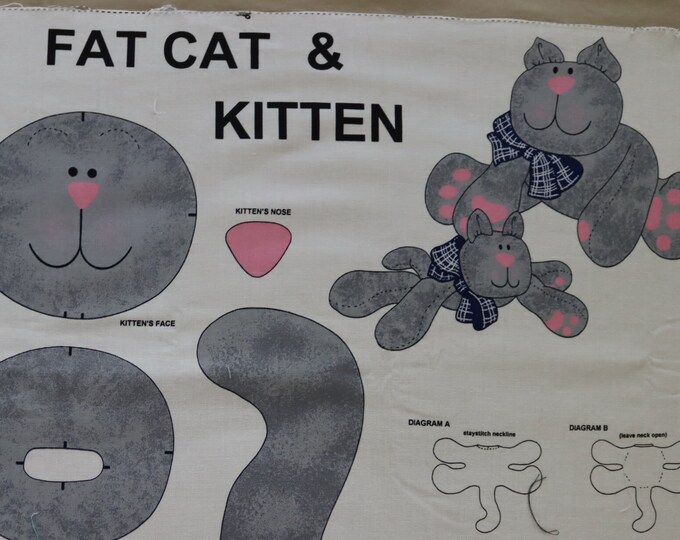 Cat and Kitten Stuffed Toy Fabric Panel - Fat Cat and Kitten to Cut ...