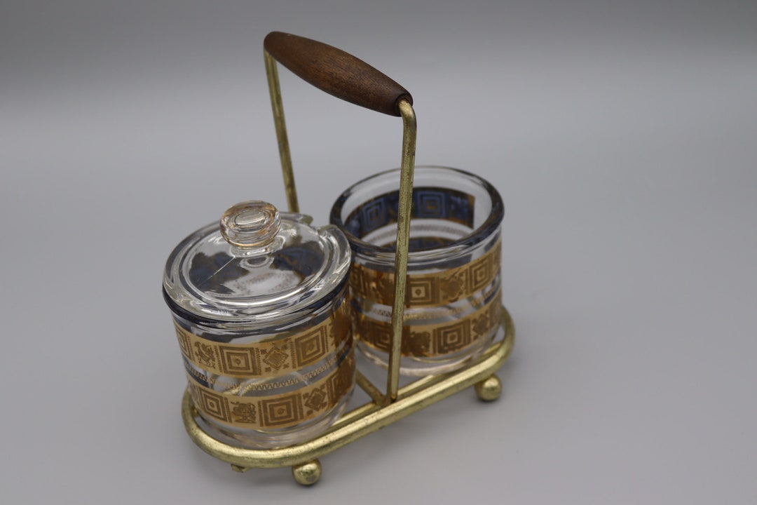 Vintage 50s/60s Condiment Set With Caddy - MCM Jeanette Glass With Gold ...