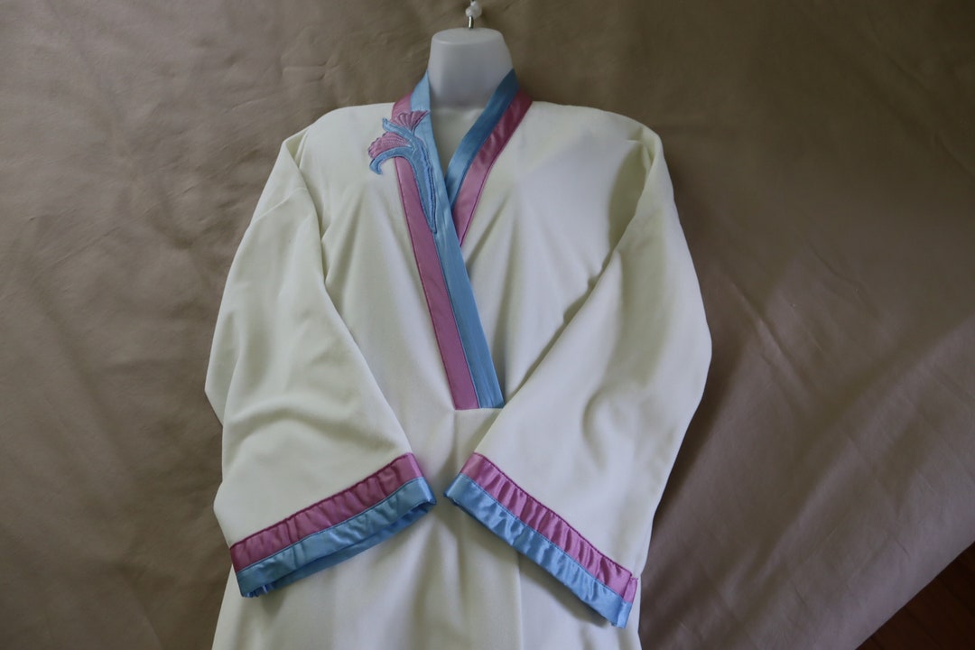 Vintage Long White Velour Robe With Blue and Purple Satin Trim 80s Long ...