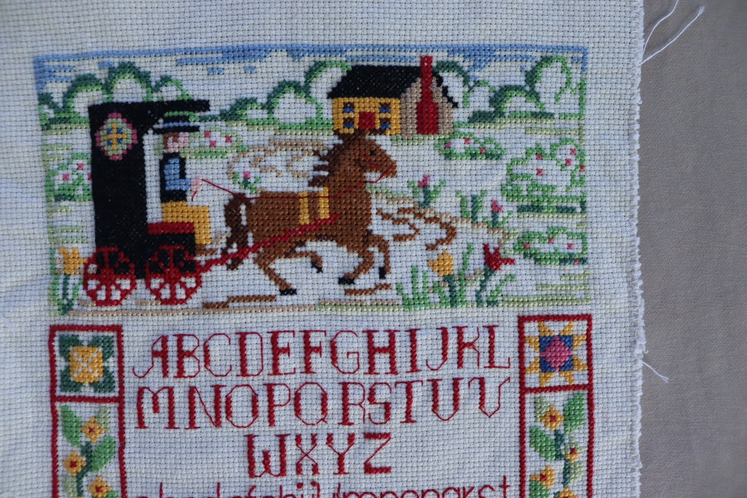 Amish Horse and Buggy Embroidered Sampler Finished Counted Cross Stitch ...