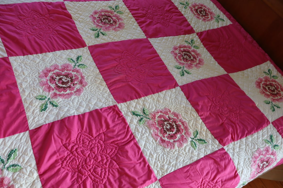 Vintage Hand Embroidered Pink Roses Quilt - Pink and White Cross Stitch ...