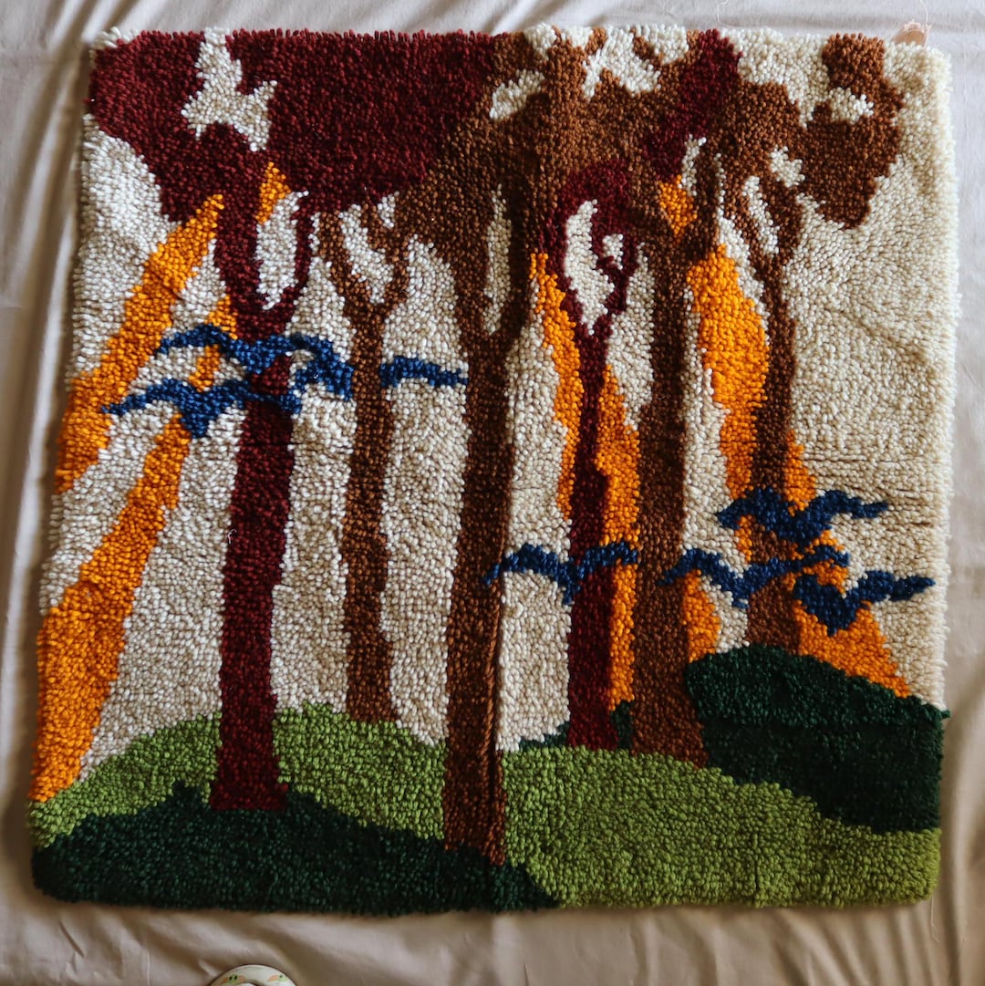 1970s Birds in Trees at Sunset Latch Hook Wall Hanging - Vintage Large ...