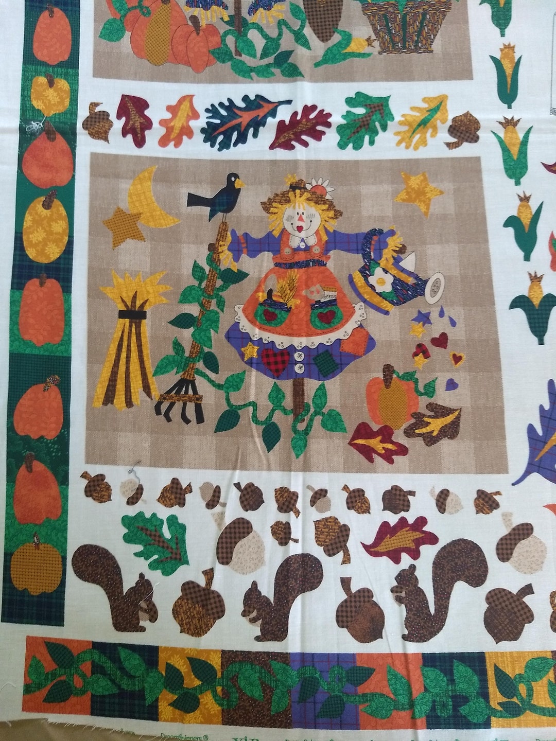 Autumn Fabric Panel With Colorful Leaves, Pumpkins, Scarecrows ...