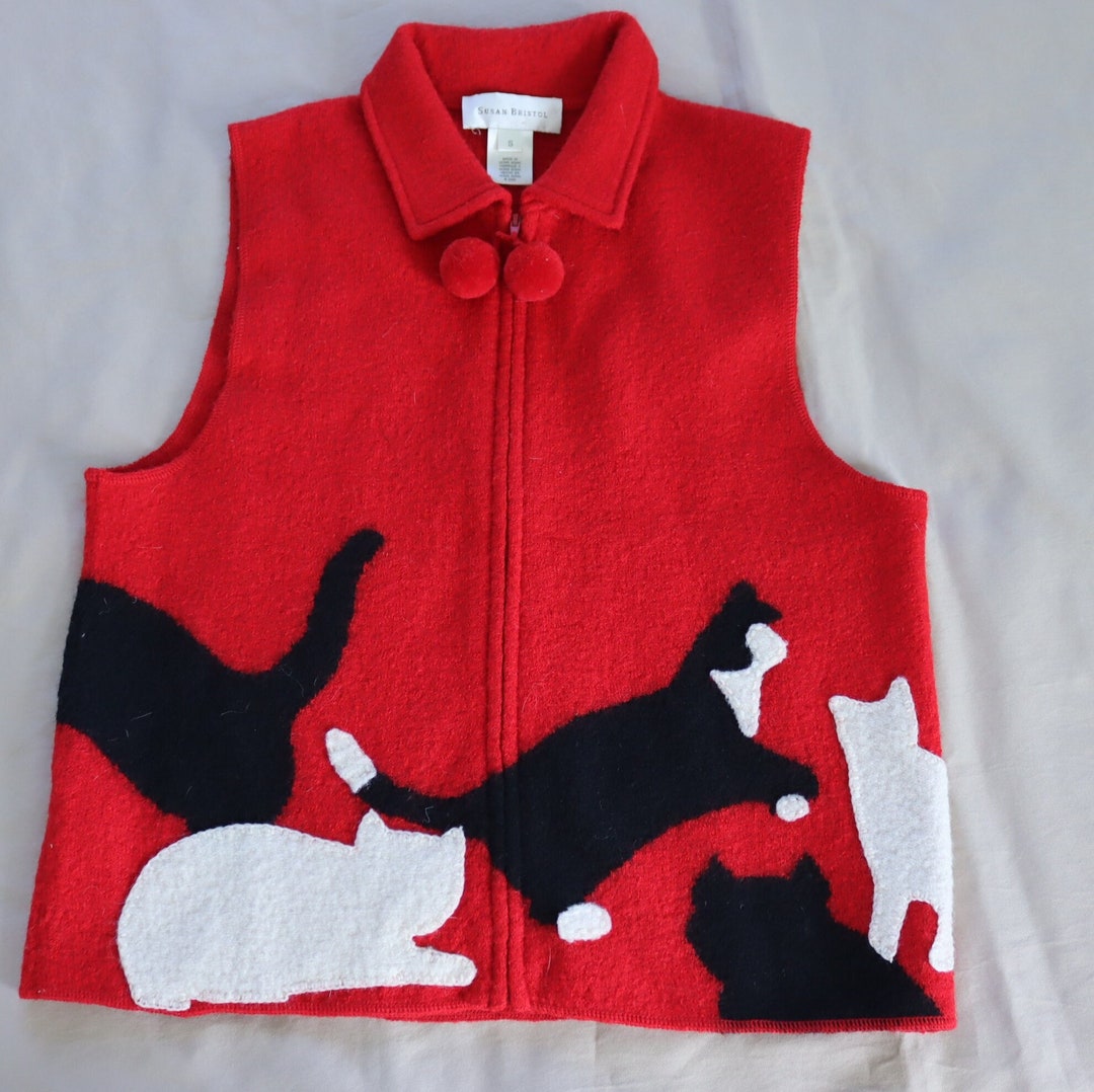 Red Wool Vest With Cats - Cat Lover Vest - Red Boiled Wool Vest With ...