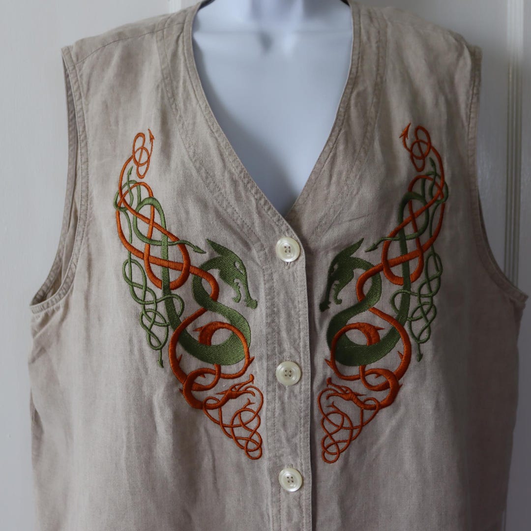 Long Linen Vest With Embroidered Dragons vest With Gold Green Celtic ...