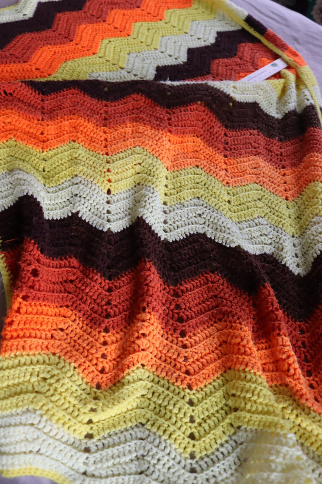 1970s Zigzag Crochet Afghan - Vintage Orange Brown Yellow Chevron ...