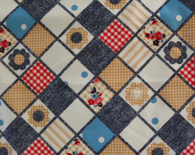 1970s Red Blue and Beige Patchwork Double Knit Fabric - Vintage Floral Patchwork Polyester Knit ...