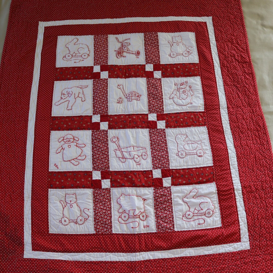 Red and White Baby Quilt Vintage Redwork Embroidery Red and White ...