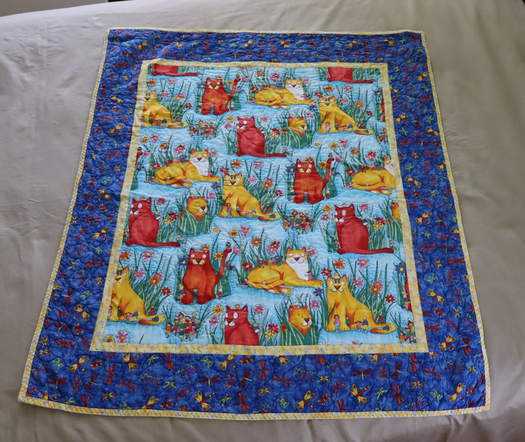 Bright Cats Baby Quilt, Quilted Throw, Lap Quilt, Small Quilt - Yellow ...