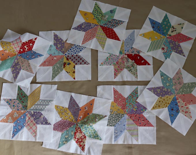 Eight Point Star Quilt Blocks in 30s Reproduction Prints - Premade Star ...