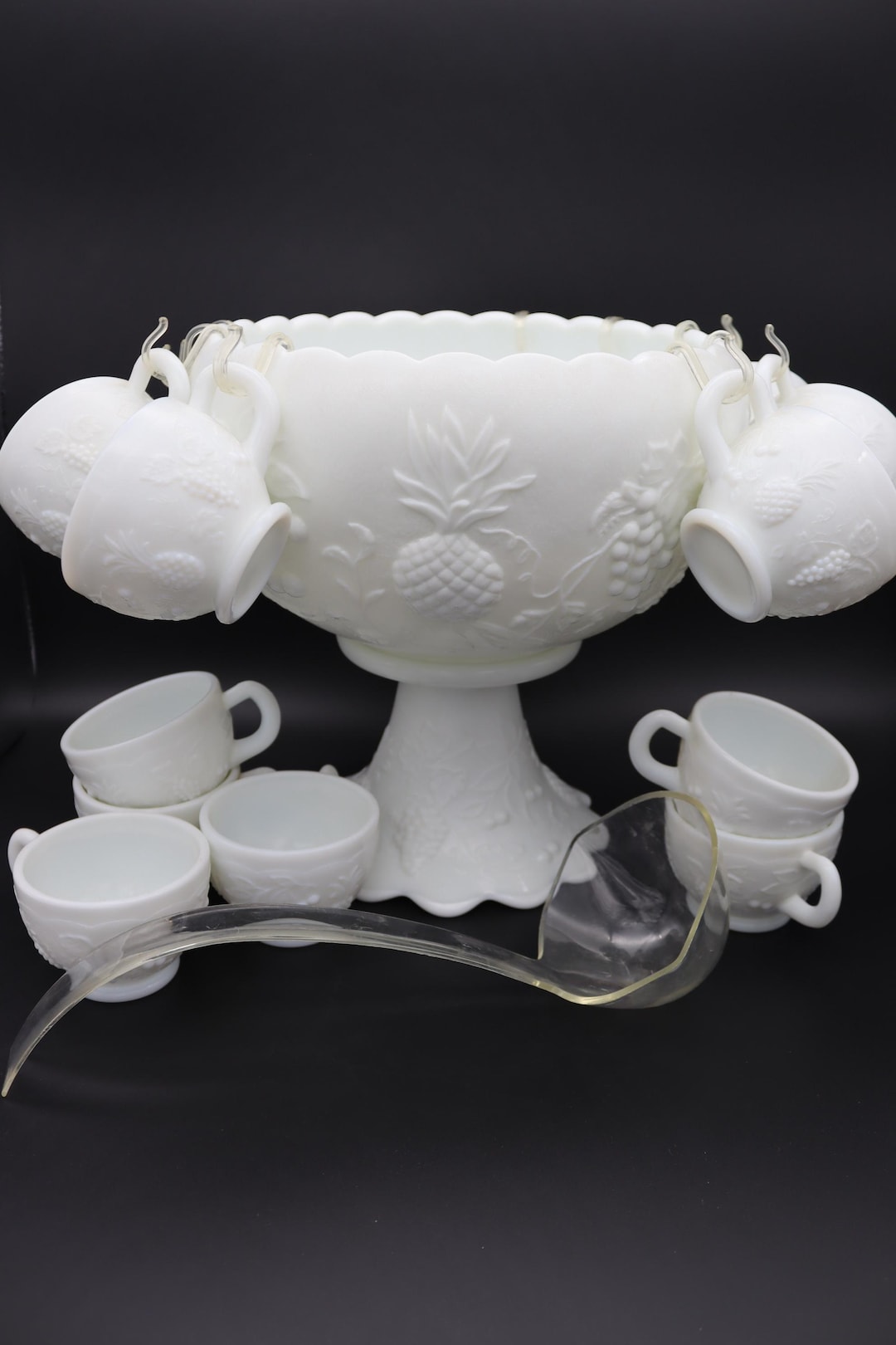 40s/50s Milk Glass Punch Bowl Set With Pedestal, 12 Cups, Ladle, Hooks ...