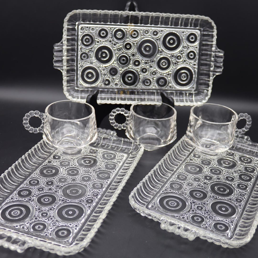 60s/70s Glass Party Plates and Cups -circles Dots Clear Glass Snack ...