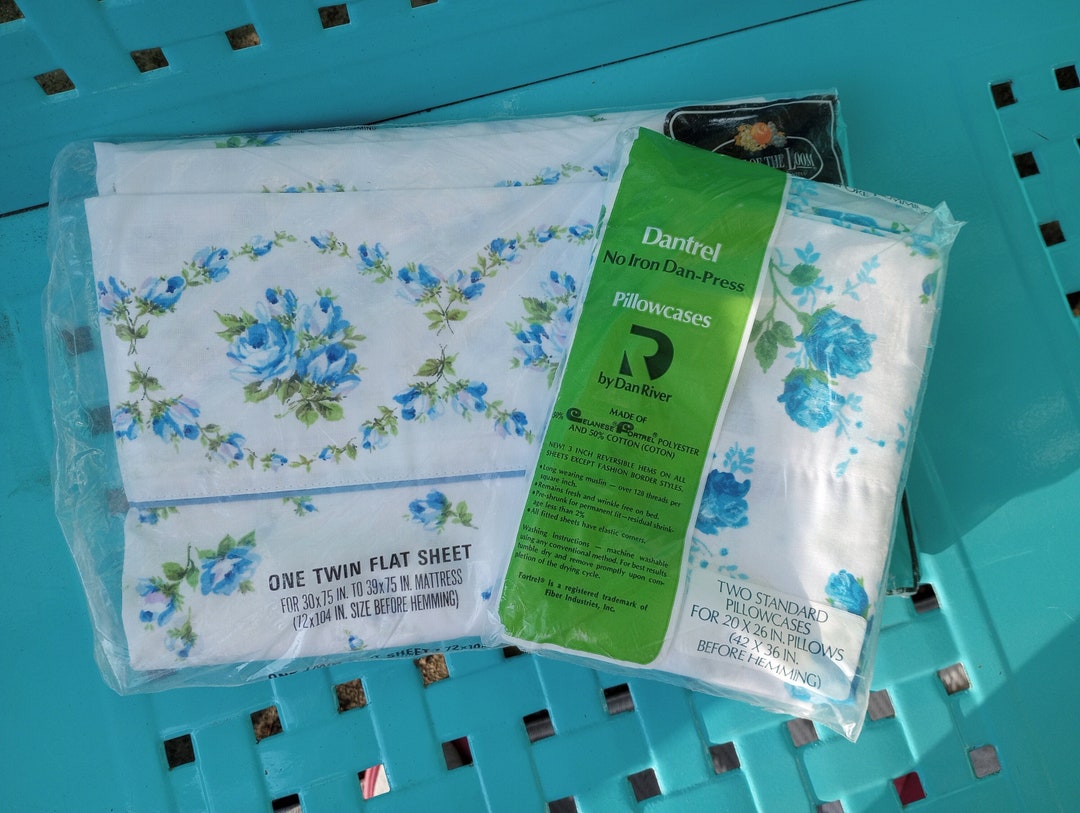 Vintage Blue Roses Twin Flat Sheet OR Pillowcases Still in the Original ...