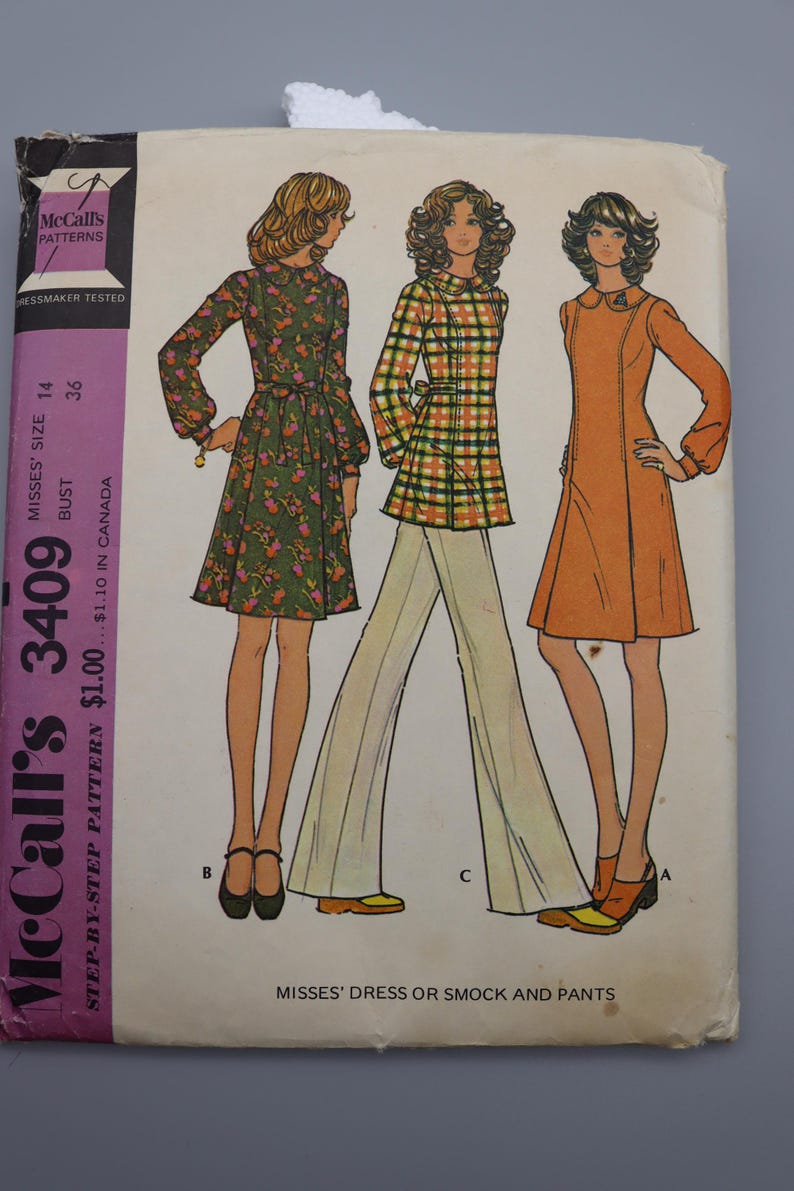 1970s Dress, Tunic Top and Pull-on Bell Bottom Pants Pattern Mccalls ...