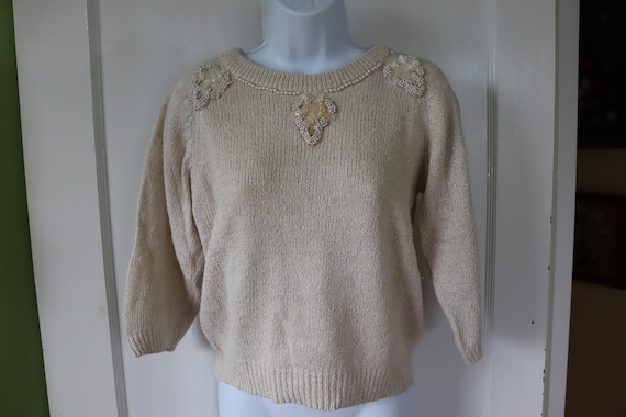 1980s Ivory Angora blend Sweater with beaded neckline… - Gem