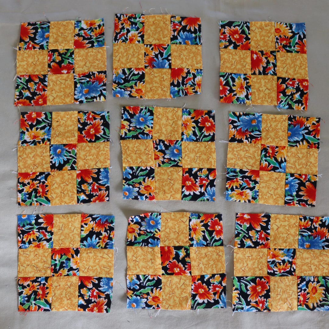 9 Yellow and Daisy Print Nine Patch Quilt Blocks - 5 Inch Premade Blue ...