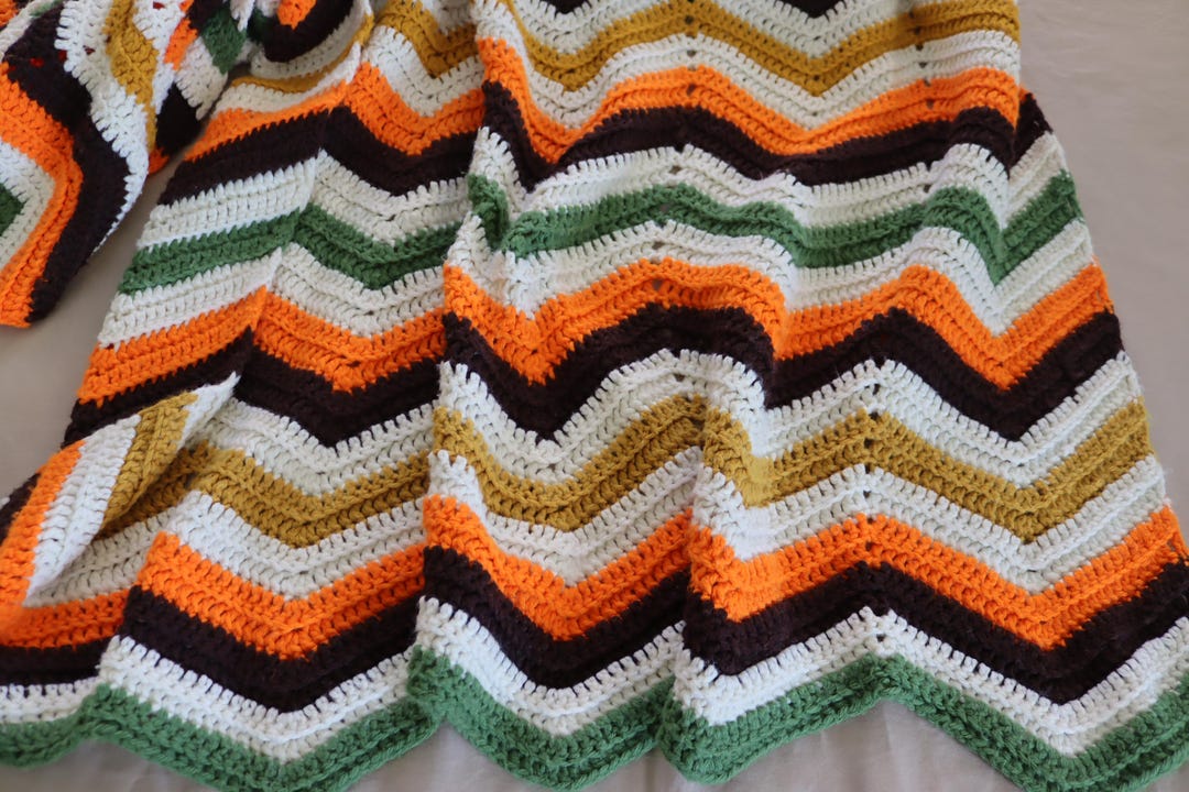 70s Crochet Zig Zag Afghan - Avocado Green, Gold, Orange Vintage Afghan ...