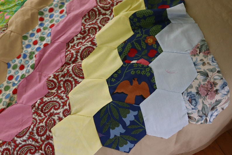 Vintage Hand-sewn Hexagon Quilt Top - Giant Grandmother's Flower Garden ...