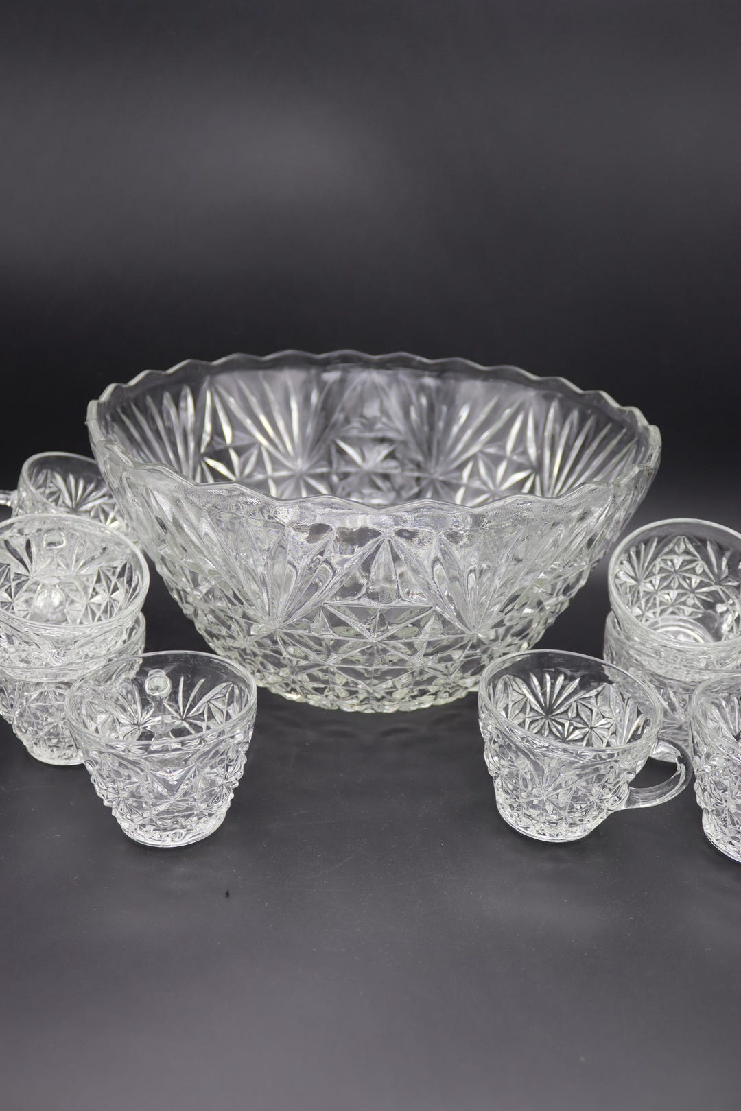 50s/60s Punch Bowl and 9 Matching Cups- Arlington Clear Glass Punchbowl ...