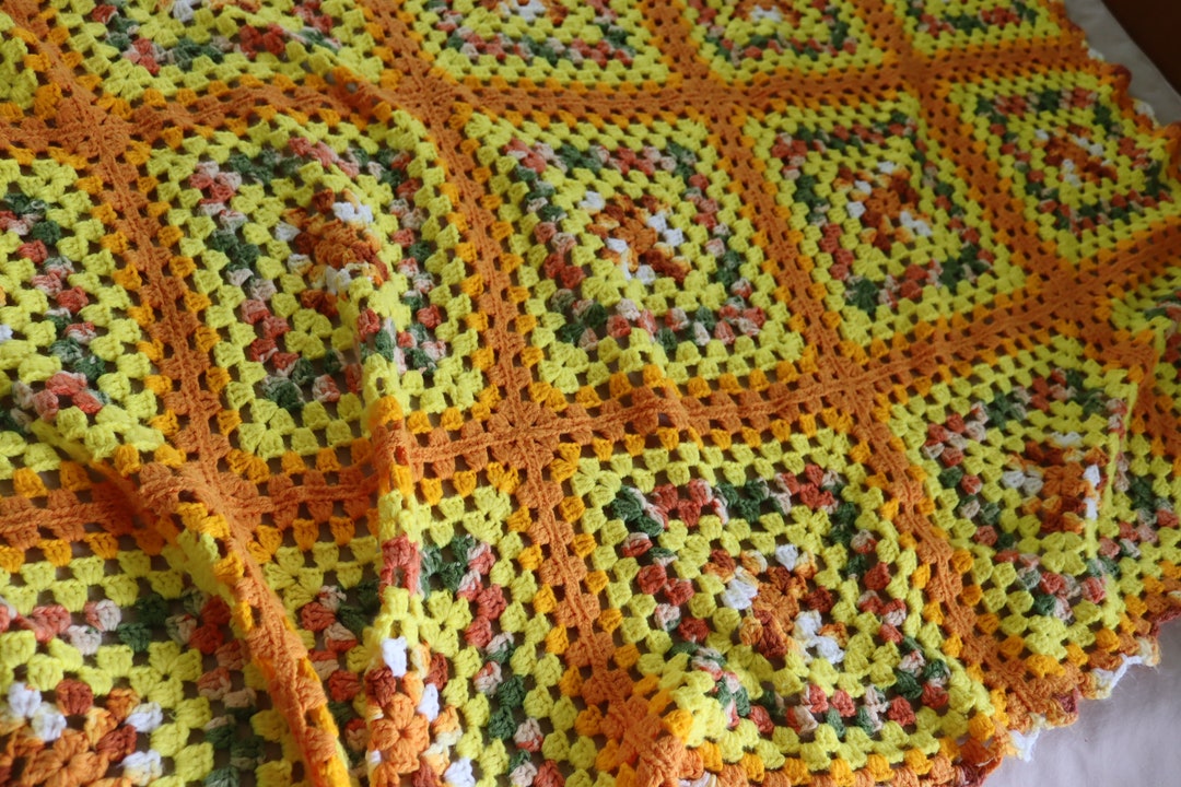Orange, Yellow, Avocado Green Crochet Granny Square Afghan - Vintage ...