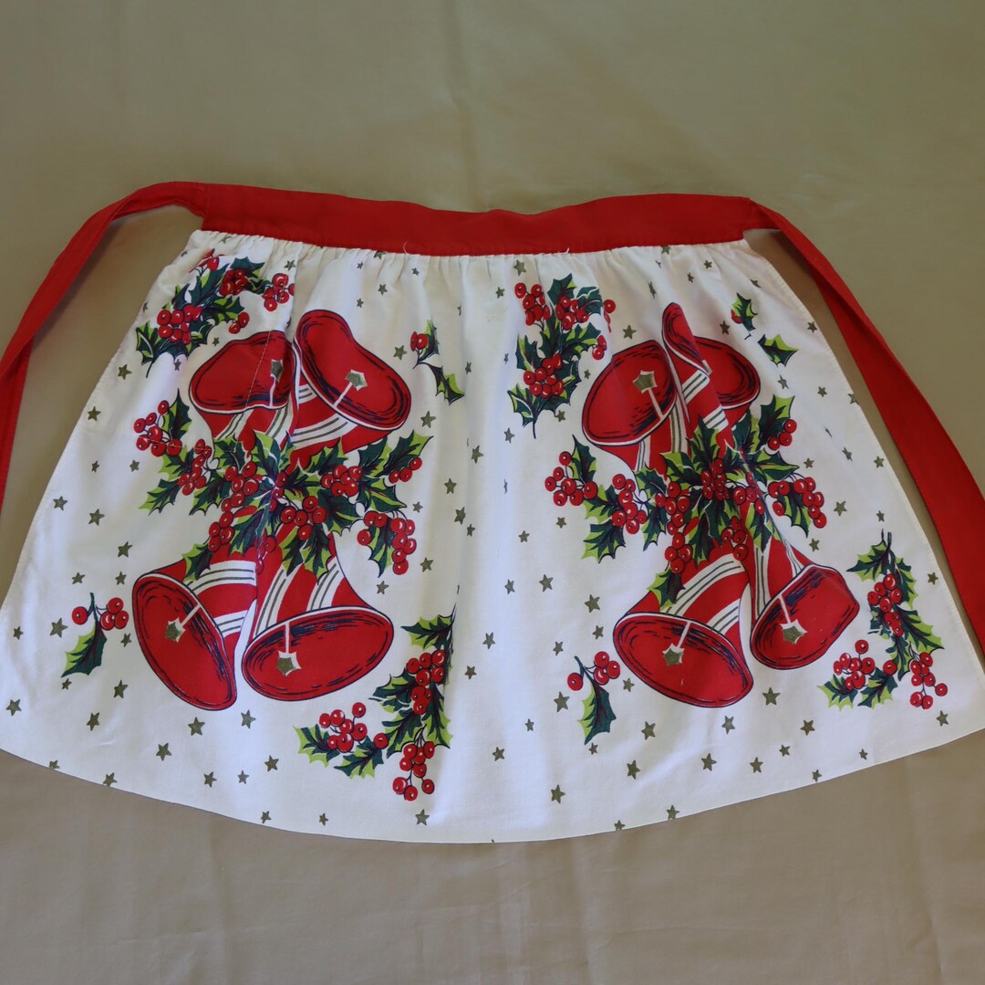 Vintage Christmas Apron With Bells, Holly and Stars Retro Holiday Apron ...