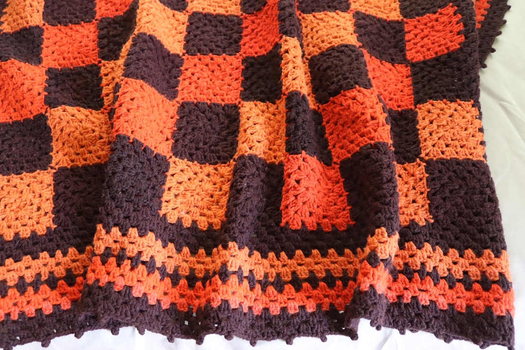 Vintage Crochet Granny Square Afghan - 70s/80s Orange and Brown ...