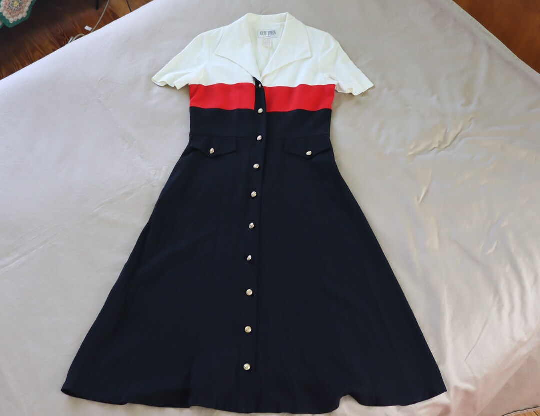 80s/90s Black, Red, and Ivory Button Front Fit and Flare Dress - Black ...