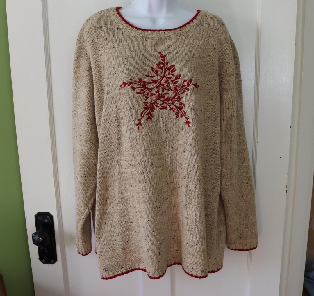 Red Snowflake Holiday Sweater Tweedy Beige Pullover Christmas Sweater ...