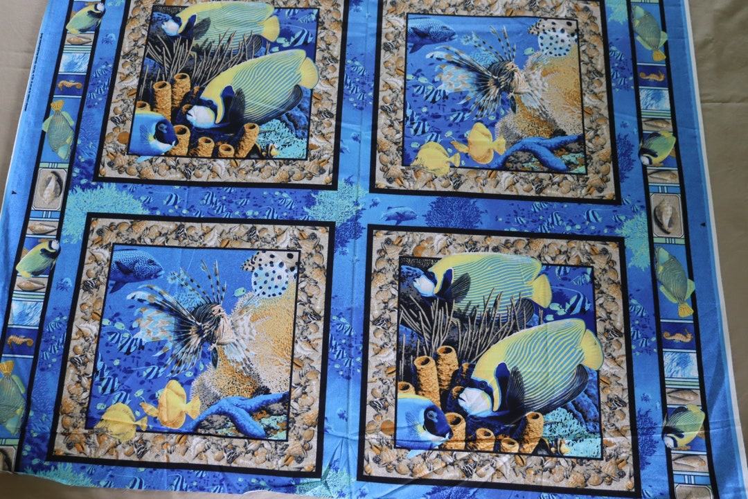 Tropical Fish & Coral Fabric Panel / Pillow Panels - Blue Fish Fabric ...