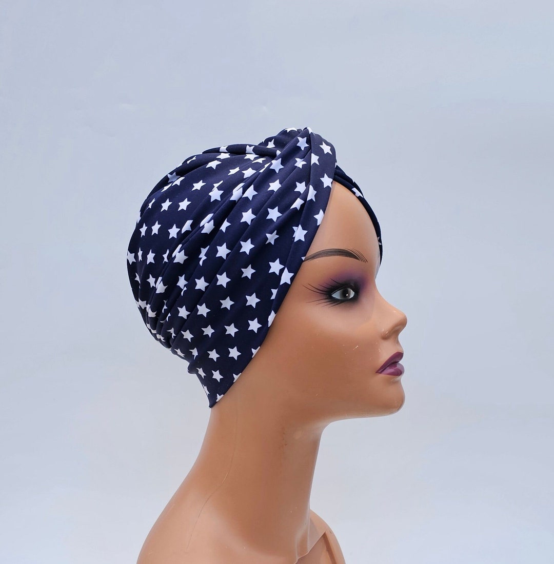 Pretied Turban, Stars on Navy Blue Turban for Women, Chemo Headwear ...